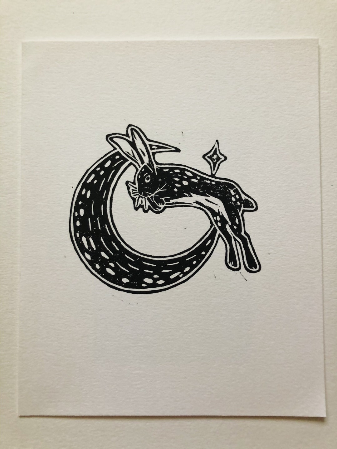 Rabbit Over the Moon Linocut - Etsy