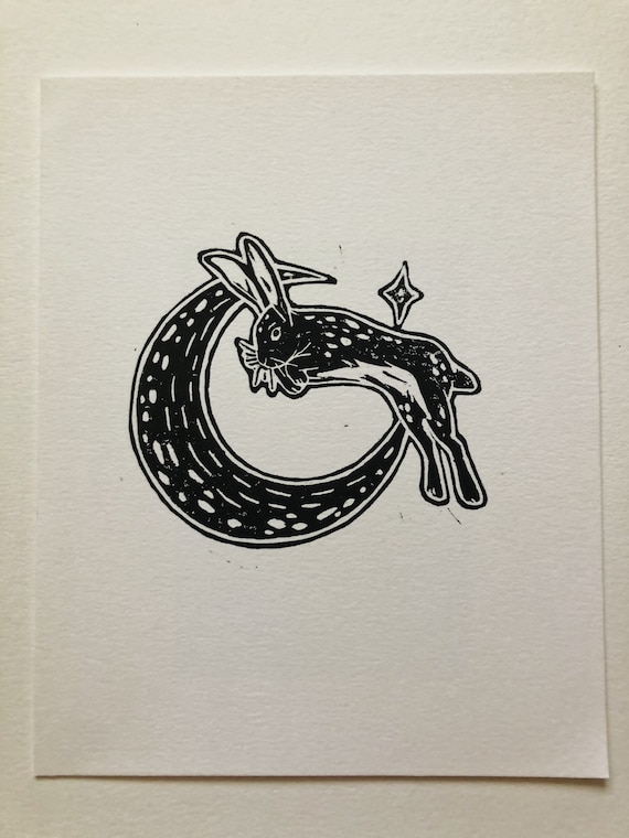 Rabbit Over the Moon Linocut | Etsy