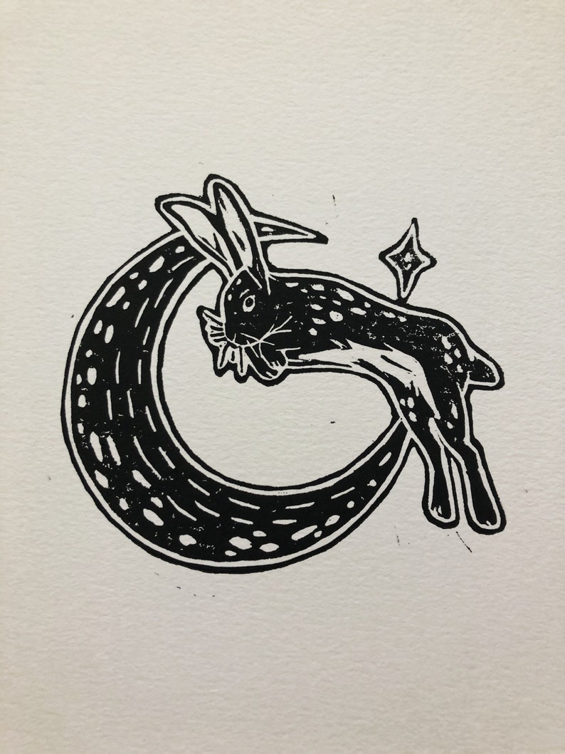 Rabbit Over the Moon Linocut - Etsy