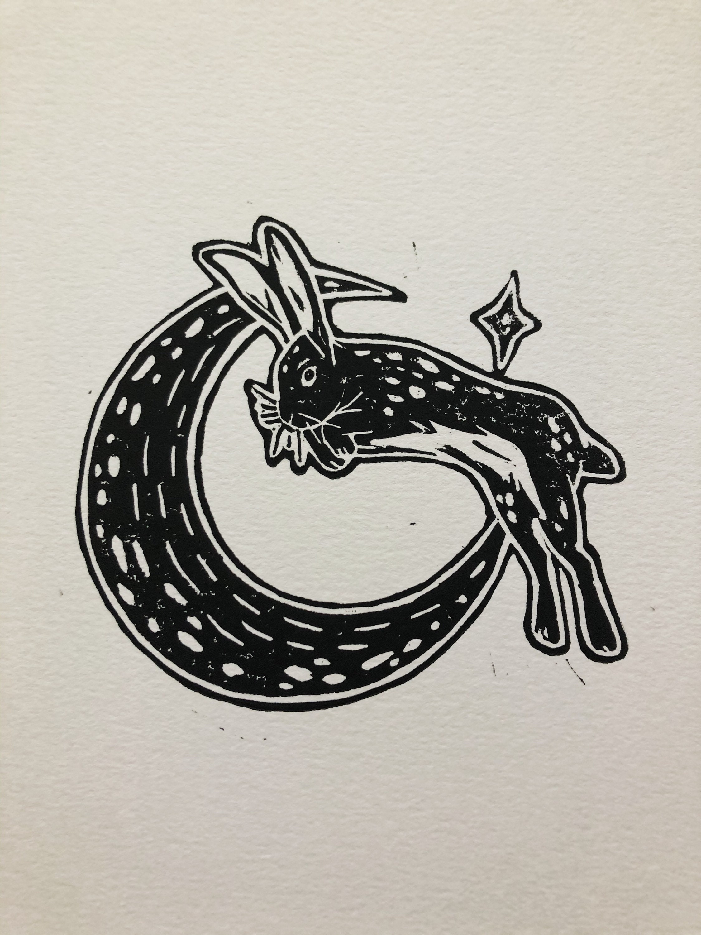 Rabbit Over the Moon Linocut - Etsy