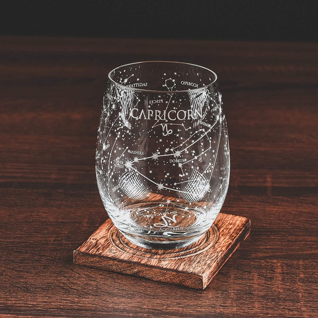 Capricorn Stemless Wine Glass Etched Zodiac Capricorn Gift Astrology ...