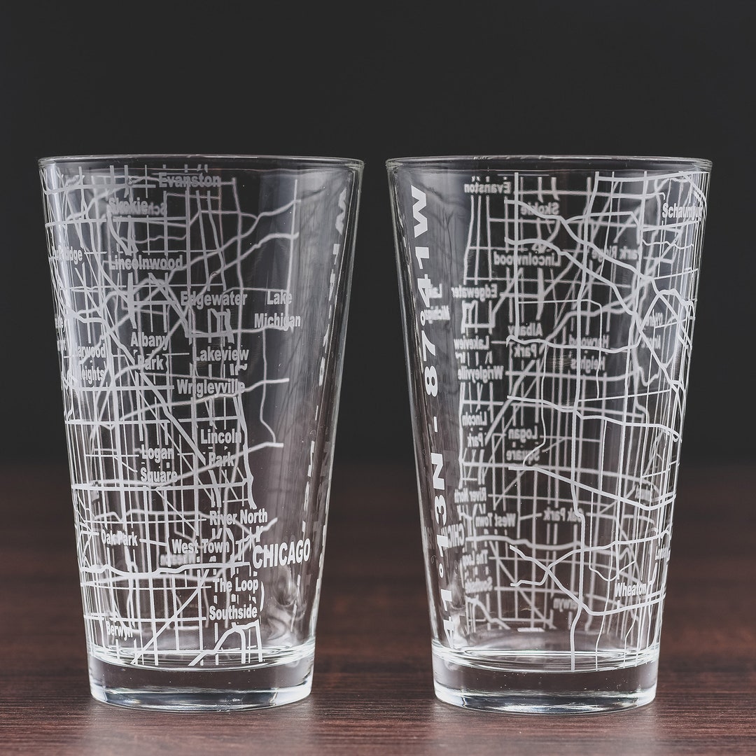 Chicago City Map Etched Beer Glasses Drinkware Set for Chicago Lovers ...
