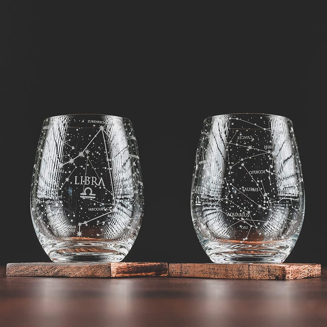 Libra Stemless Wine Glasses Zodiac Libra Set Hand Etched Astrology Sign ...