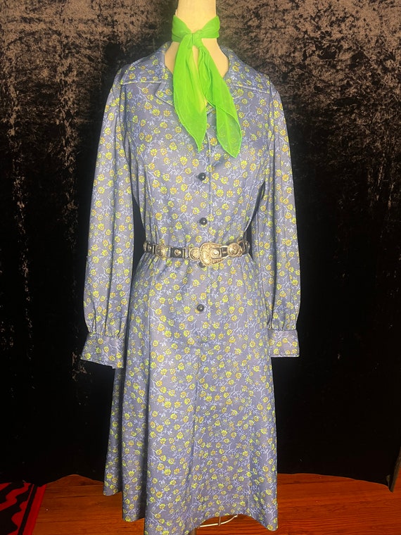 1970’s Blue and Green floral print long sleeve collar… - Gem
