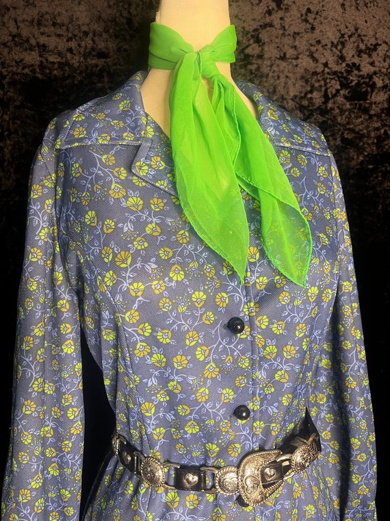 1970’s Blue and Green floral print long sleeve collar… - Gem