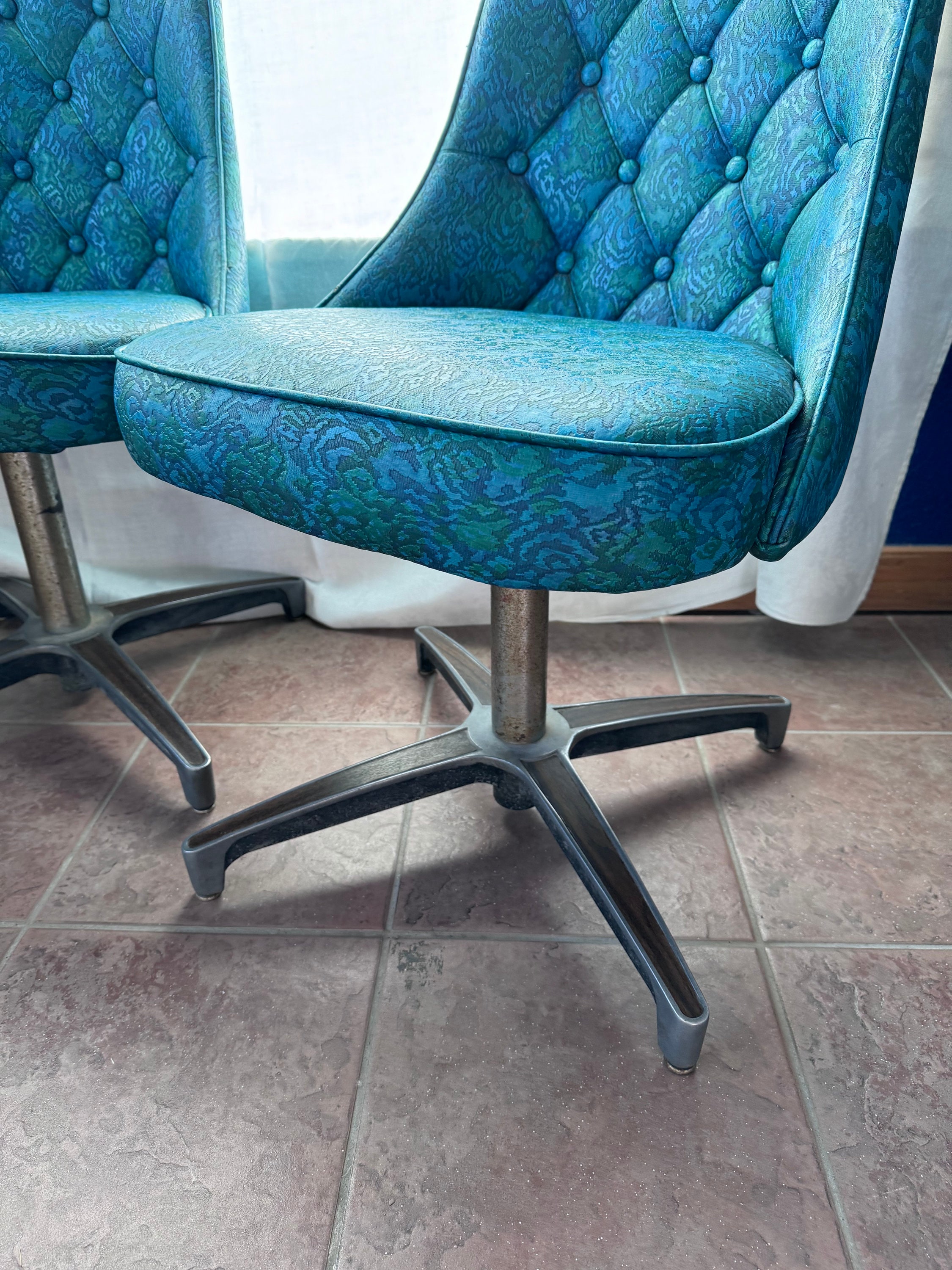 Vintage MCM Chromcraft Retro Blue & Green Paisley Pattern Vinyl Dining ...
