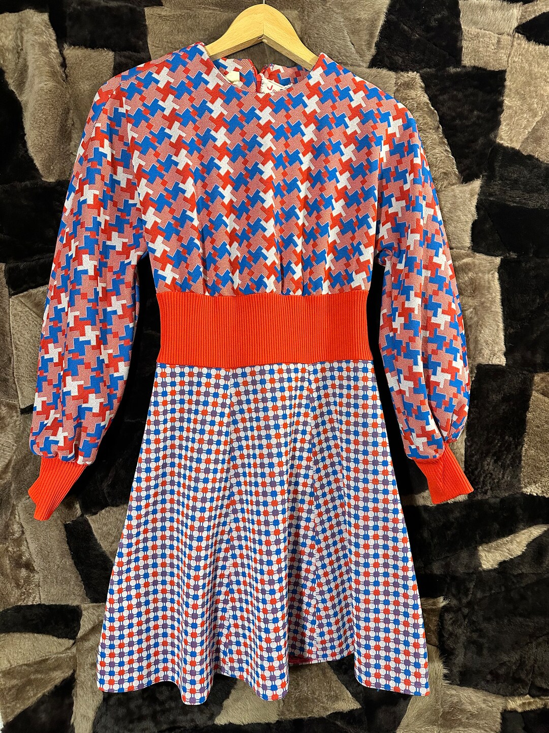 Vintage 1950s-60s Jerell of Texas Red White & Blue Abstract Midi LS ...