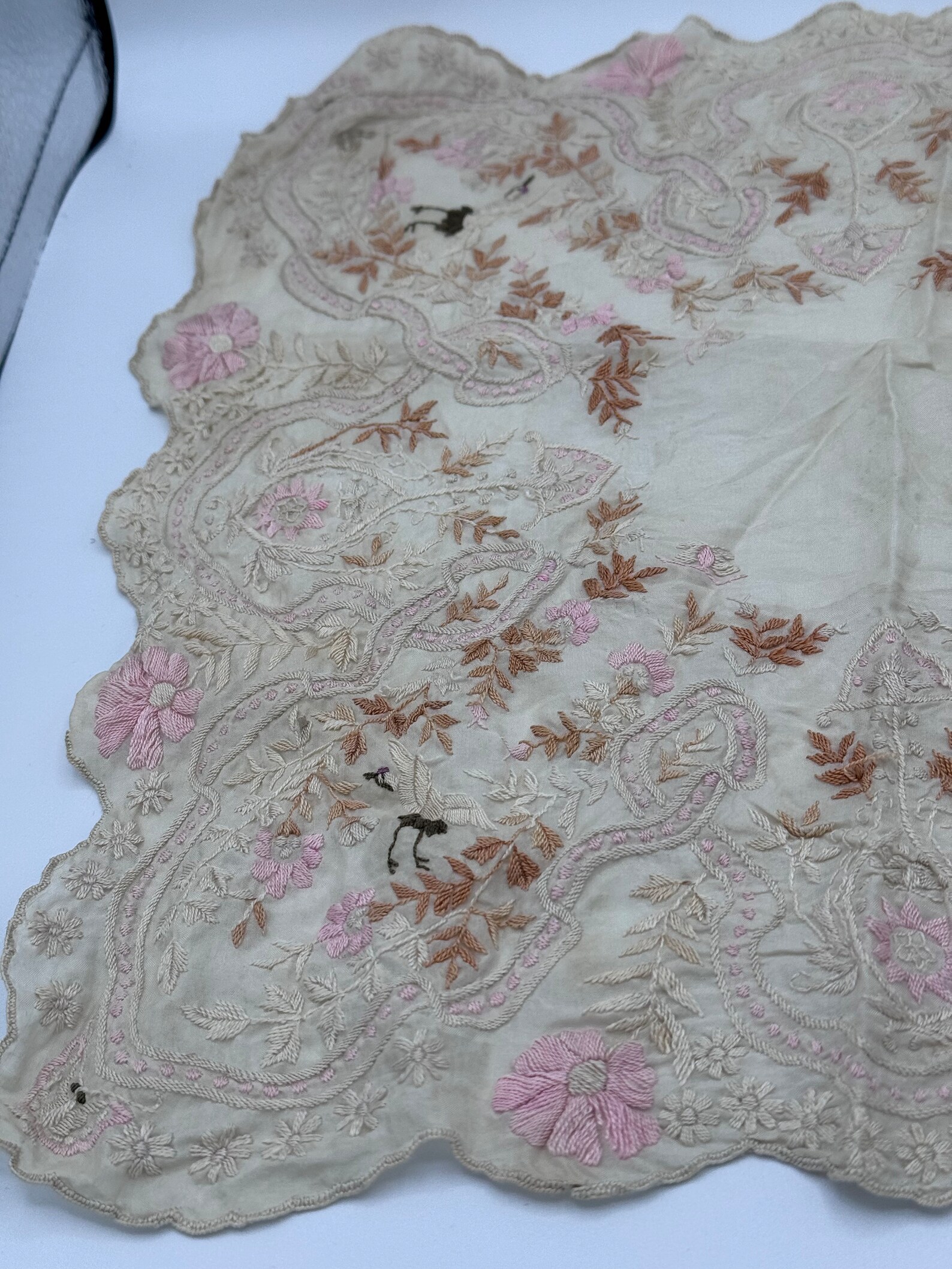 Antique Oriental Hand Sewn Silk Embroidered Handkerchief Floral W ...