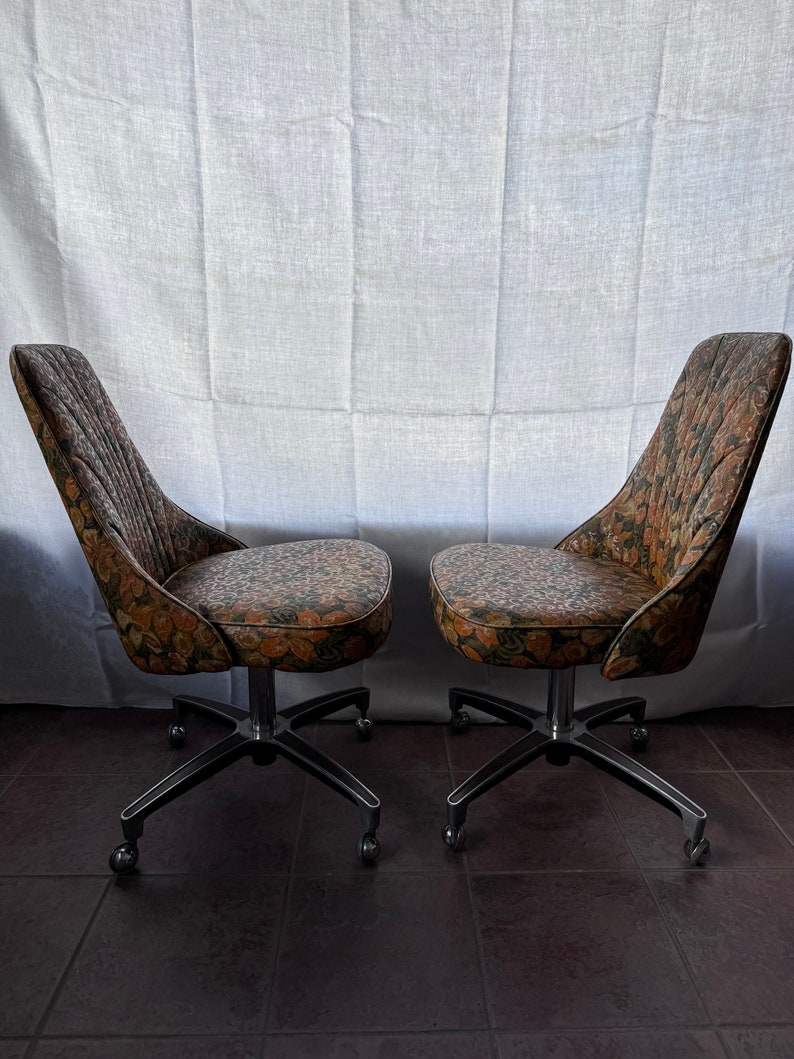 Vintage Chromcraft Retro Floral Vinyl Leather Swivel Dining Chair MCM ...