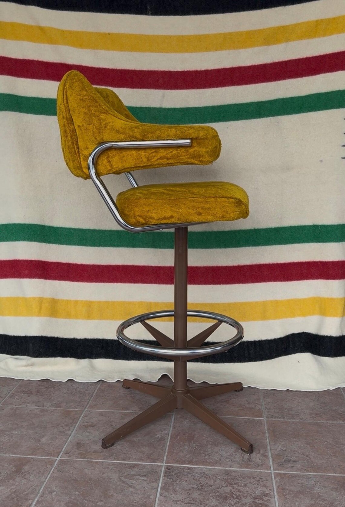 Vintage 1970s Retro Yellow Velour High Top Barstool Tubular Chrome Arms ...