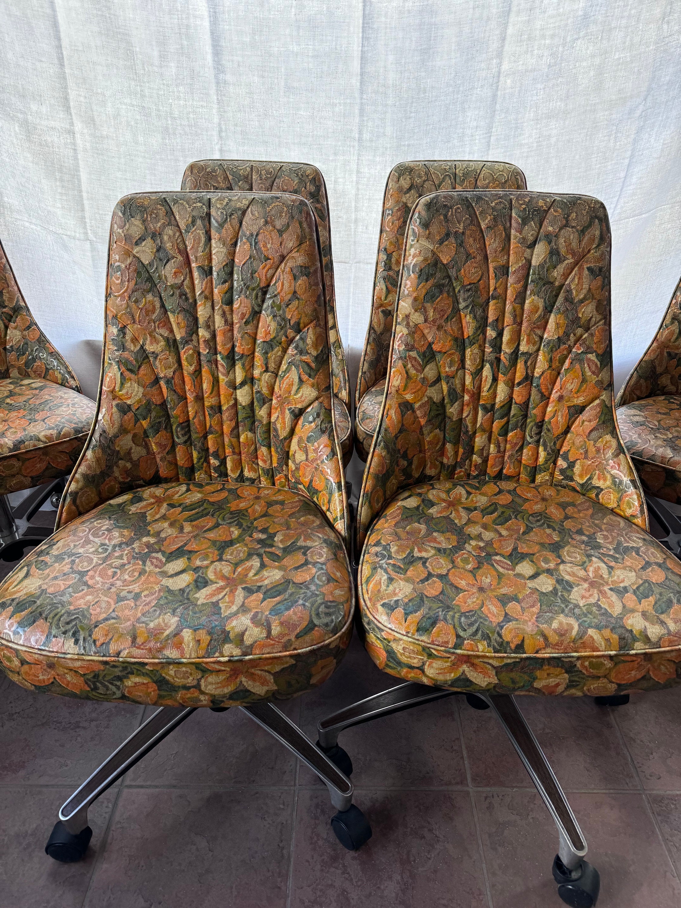 Vintage Chromcraft Retro Floral Vinyl Leather Swivel Dining Chair MCM ...