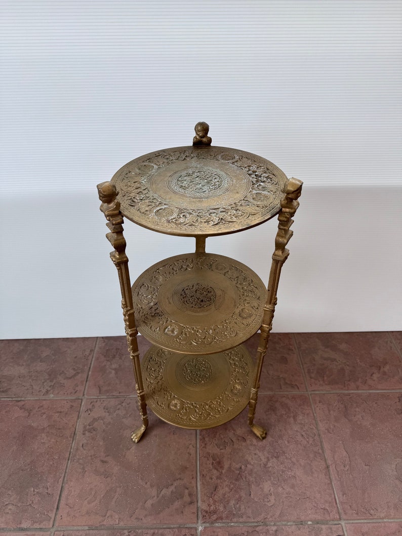 Vintage Art Deco Molded Metal 3 Tier Trinket Shelf Brass Cherubs Ornate ...