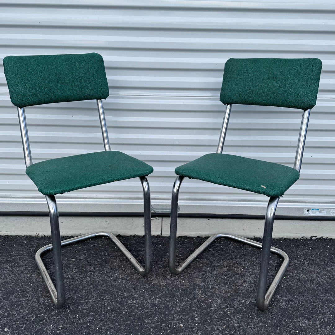 Vintage MCM Retro Tubular Chrome Cantilever Green Vinyl Upholstered ...