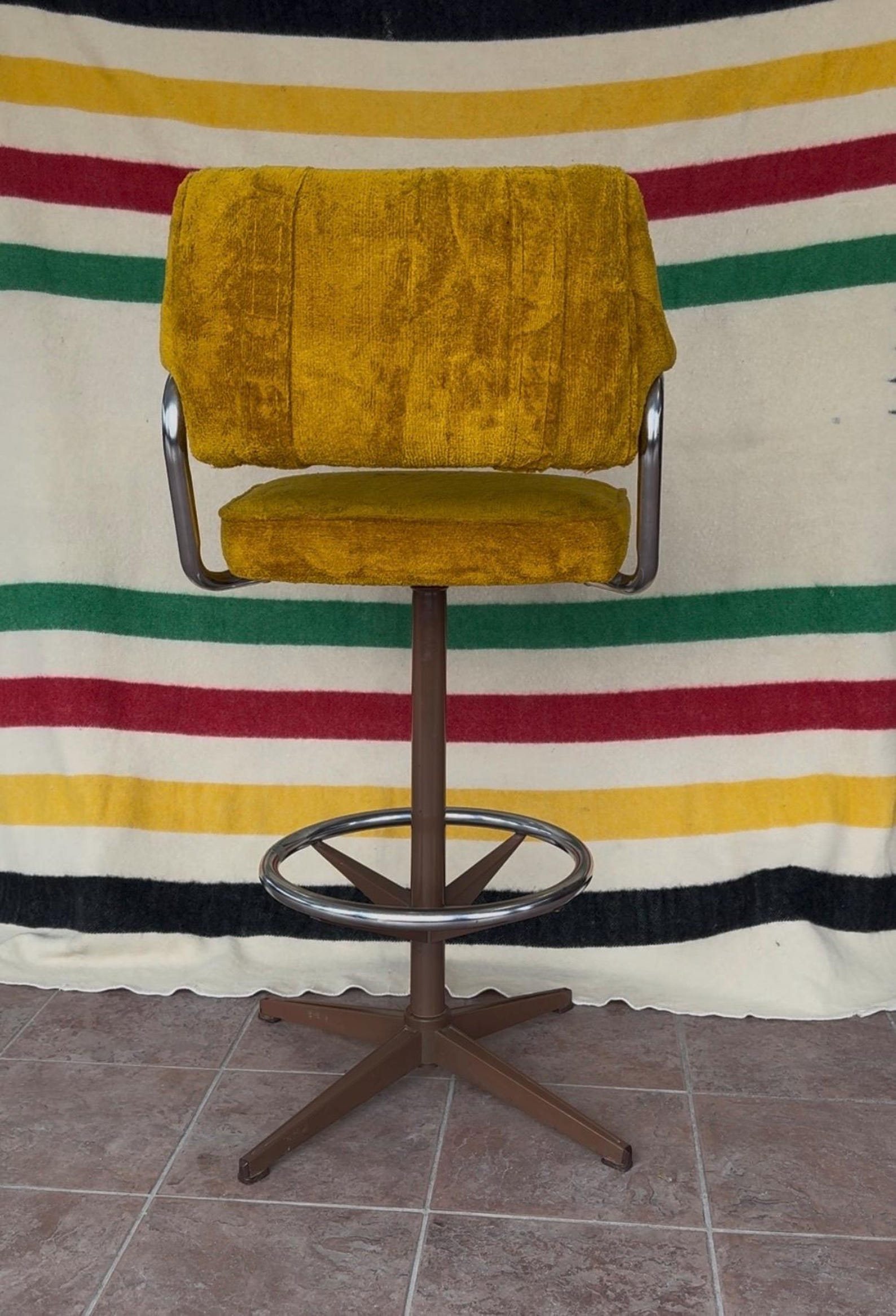 Vintage 1970s Retro Yellow Velour High Top Barstool Tubular Chrome Arms ...