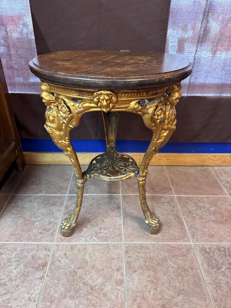 Antique 1890s-1900s Art Deco Round High Bistro Side Table With Cast ...
