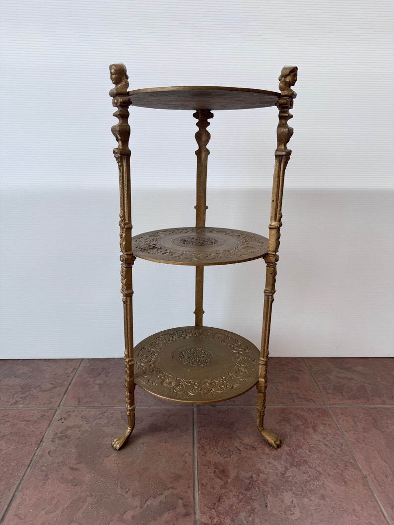 Vintage Art Deco Molded Metal 3 Tier Trinket Shelf Brass Cherubs Ornate ...