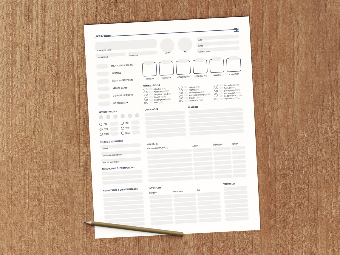 Star Wars 5e Tabletop RPG Character Sheets in & Colors - Etsy