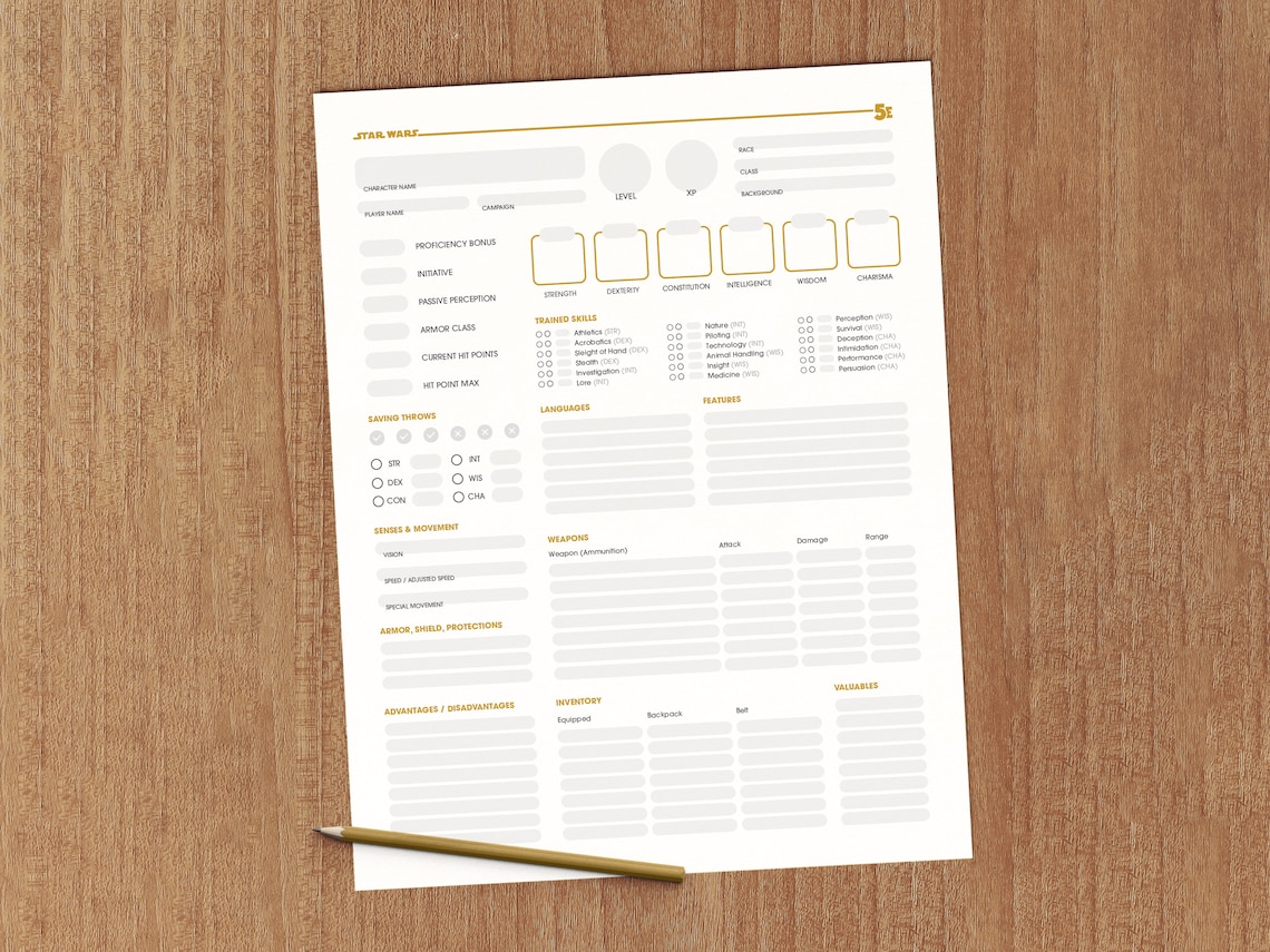 Star Wars 5e Tabletop RPG Character Sheets in & Colors - Etsy