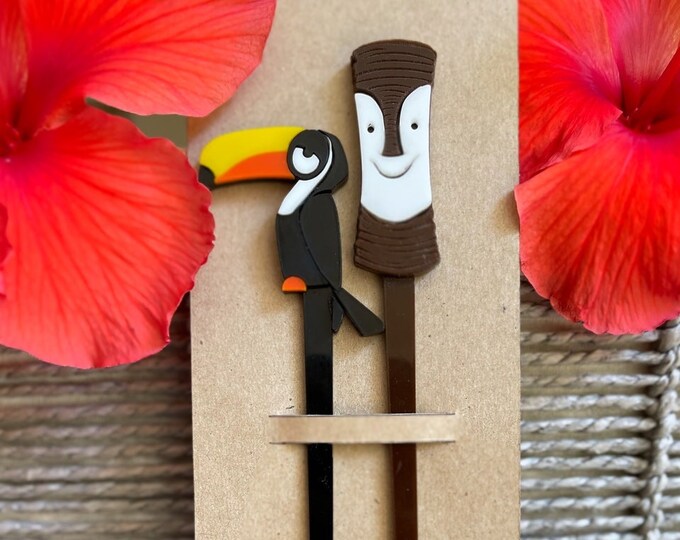 Tiki Cocktail Swizzles Toucan and Tiki Bob - Etsy