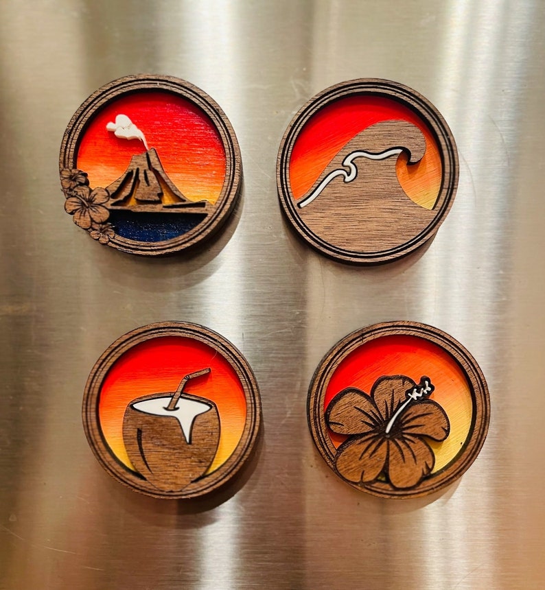 Hawaiian Magnets in Walnut Hardwood, Hand Painted and White Acrylic - Etsy
