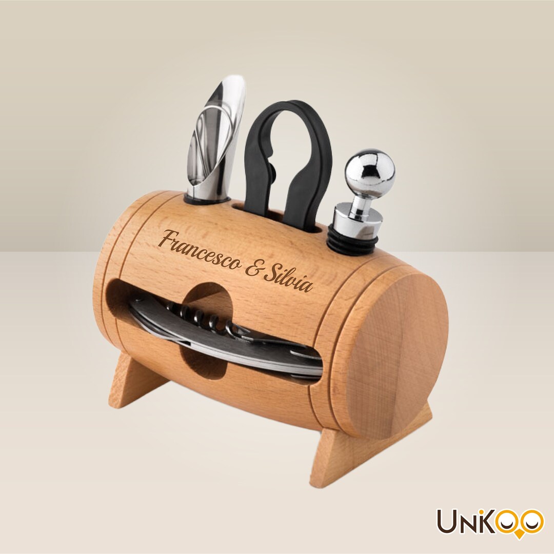 Wooden Barrel Sommelier Kit, Set of 4 Accessories. Personalized Gift ...