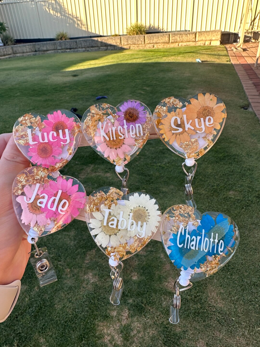 Heart Badge Reel With Flowers | Personalized Name Badge - Etsy