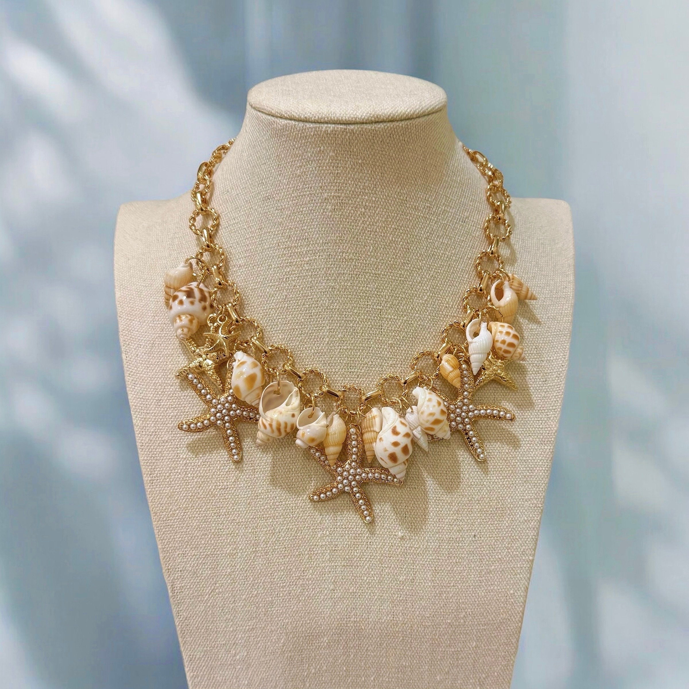Lala Gold, Pearl, & Natural Shell Necklace Chunky Chain Necklace Charms ...