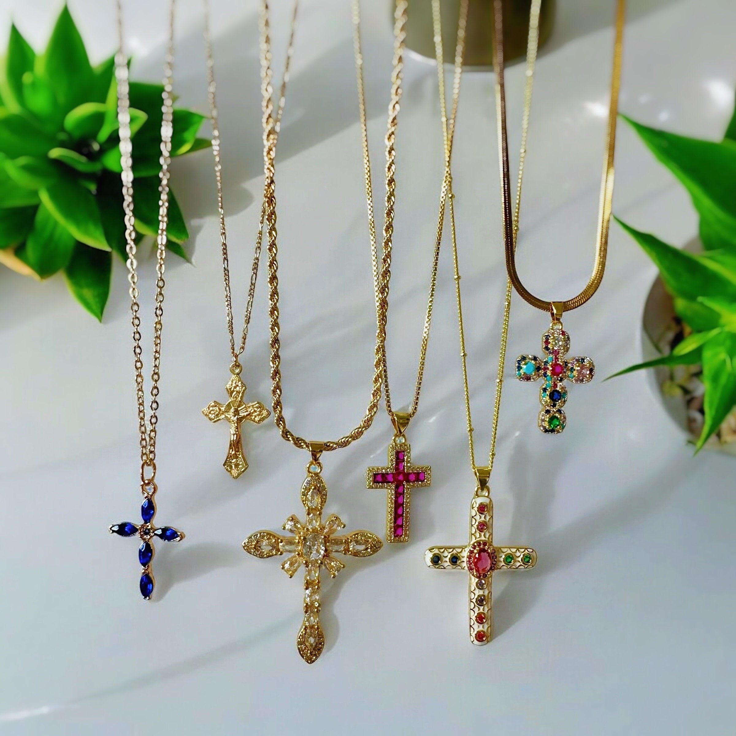 Cross Necklace Collection ((8 Varieties Available!)) 18K Gold Rosary ...