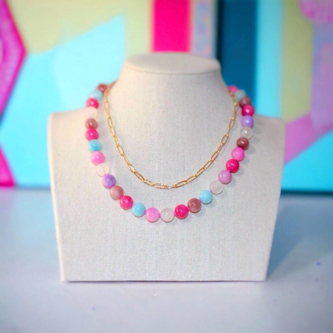 JAIDRA || Pastel Rainbow Jade Beaded Necklace: Layered Gold Filled ...