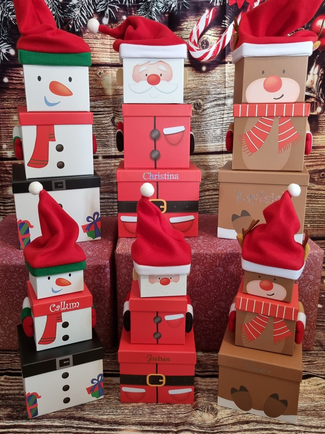 Personalised Christmas Stackable Gift Box Set: Santa, Reindeer, Snowman ...