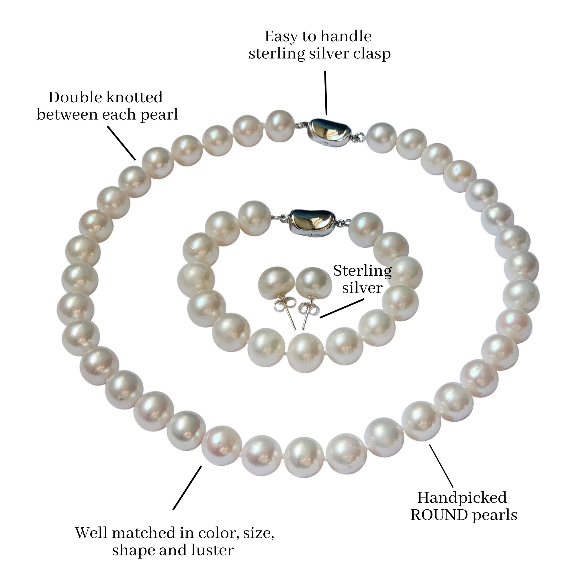 LARGE & ROUND 10mm 11mm 12mm Pearl Set Premium White Pearl Necklace ...