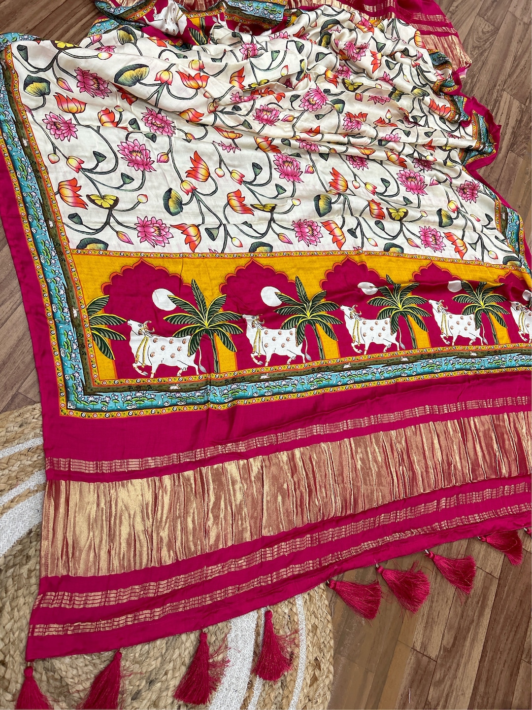 Pink Kalamkari Silk Dupatta, Floral Chunni, Wedding Shawl, Indian Scarf ...