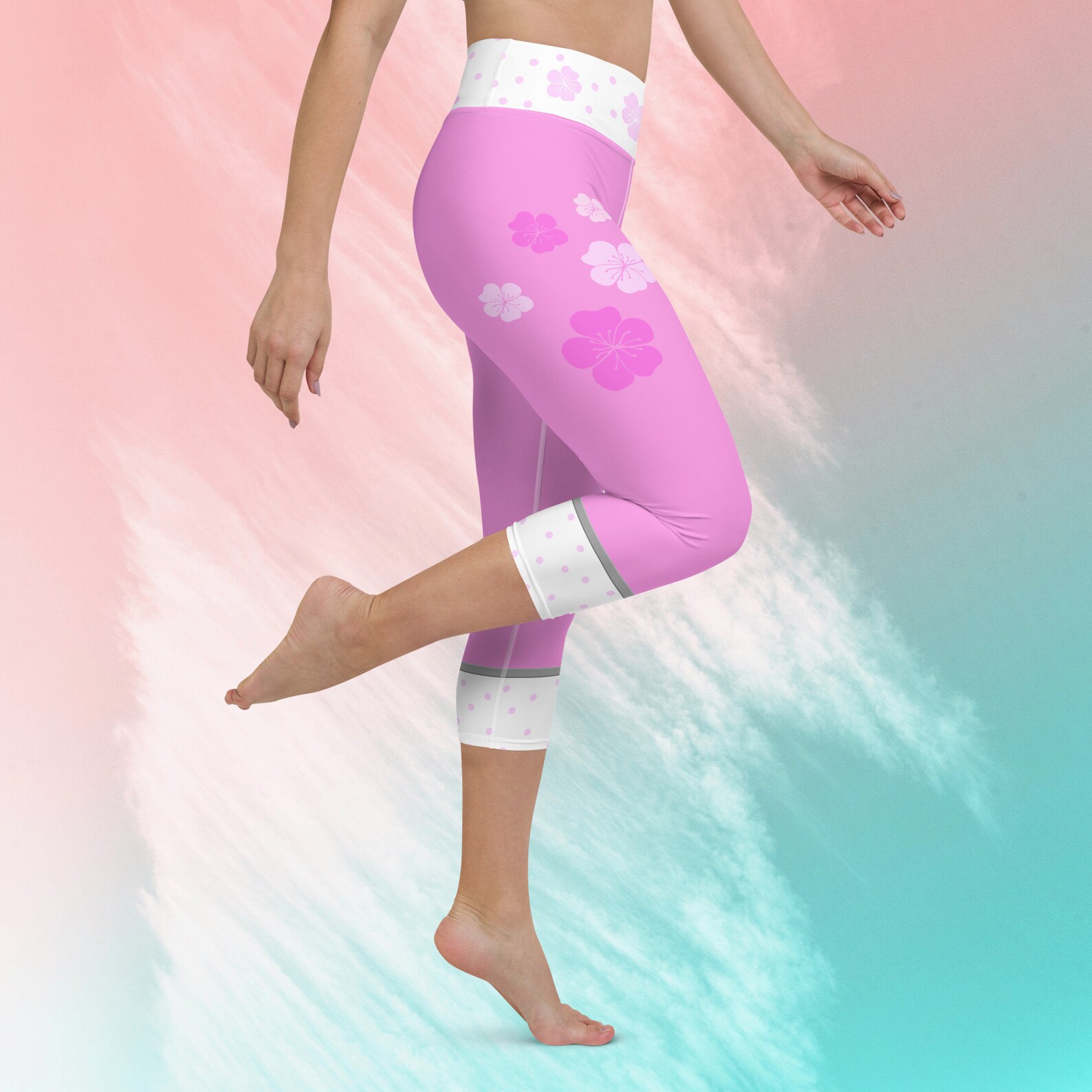 Pastel Pink Sakura Flowers Capri Yoga Leggings Anime Retro Cosplay ...
