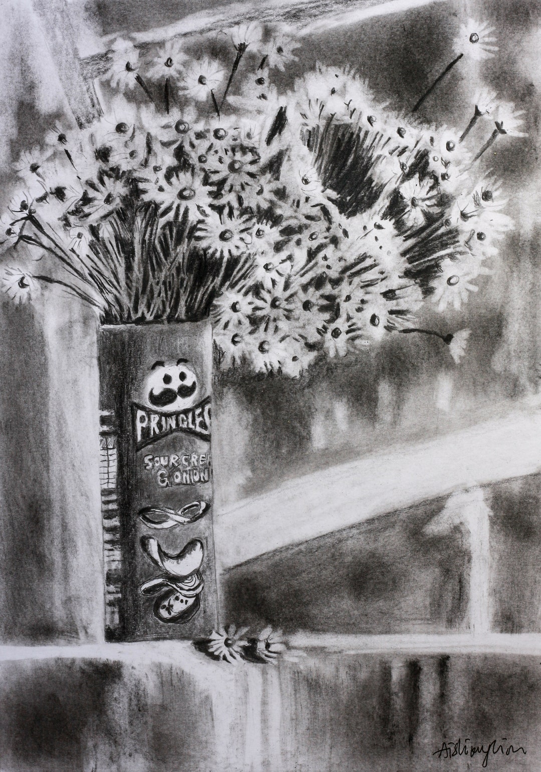 Original Pencil Drawing Still Life Flowers Daisies Pringle Can Pencil ...