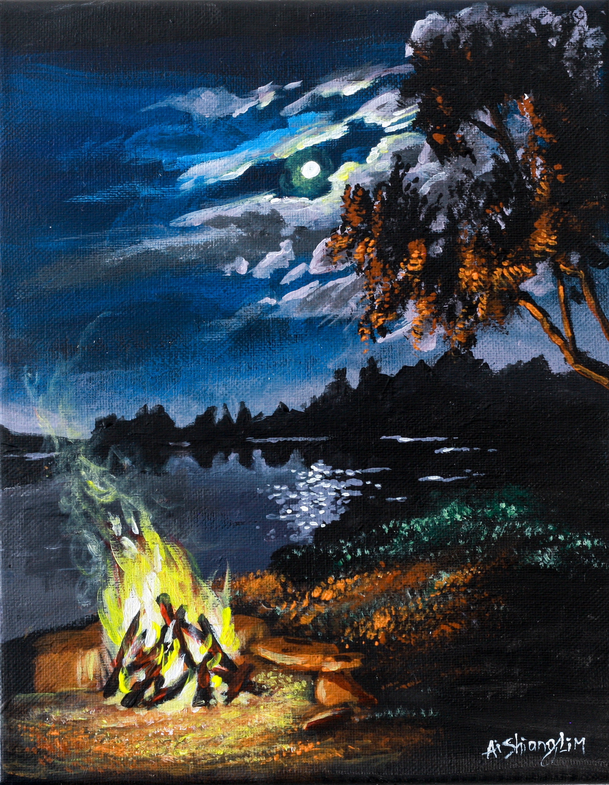 8x10 Original Acrylic Painting, Campfire Night Sky Nocturne Moonlight ...