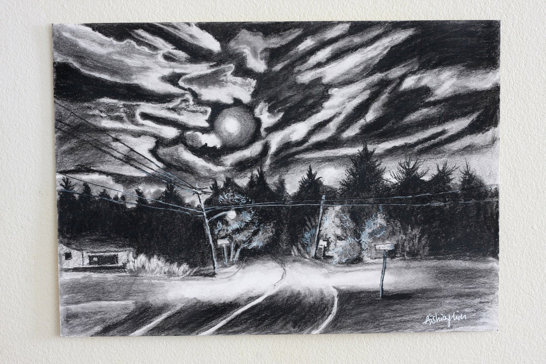 Original Charcoal Drawing A4 Size, Moonlight Nocturne Night Sky Night ...