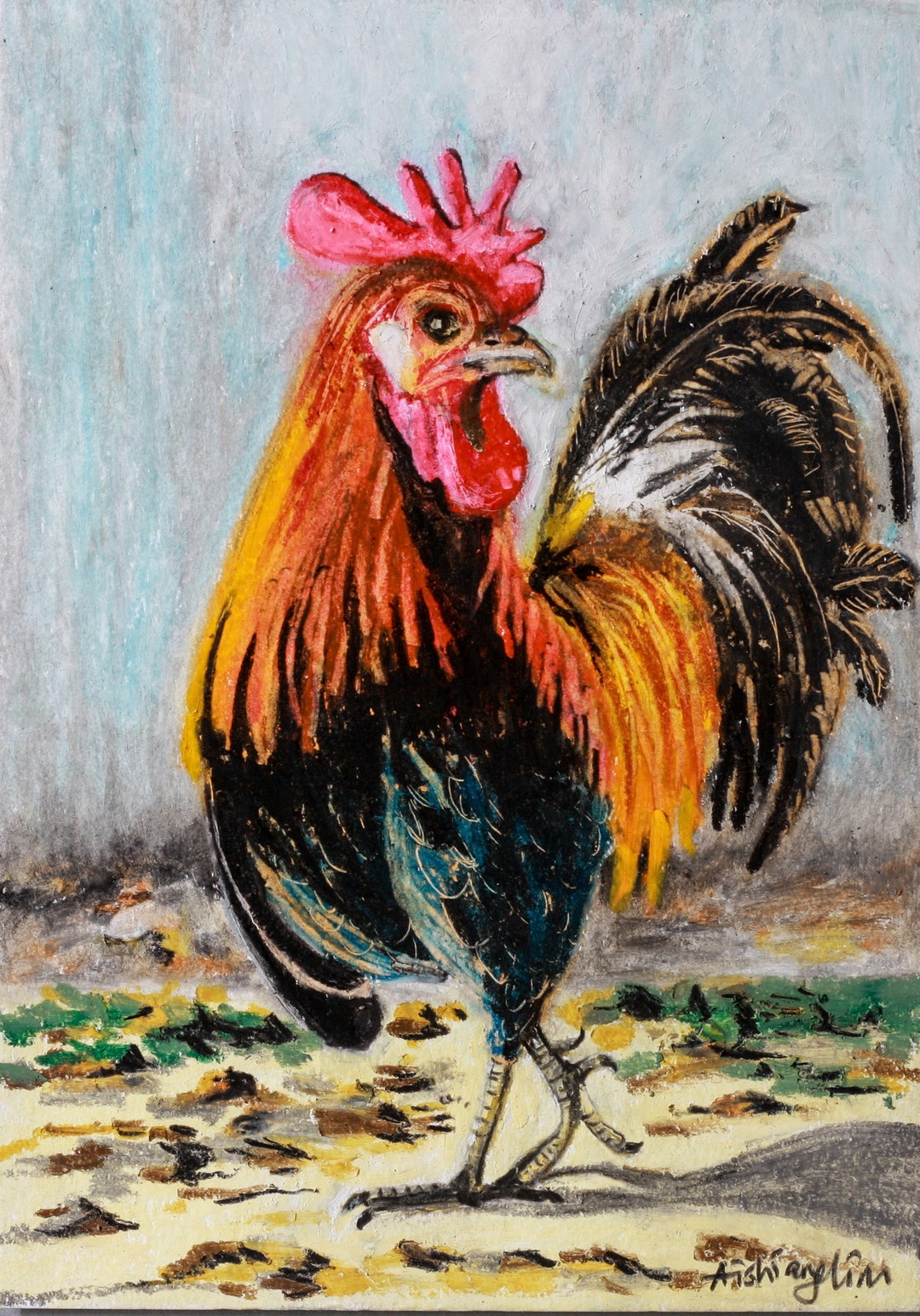 Original Oil Pastel Painting Rooster. Bird Painting. Farm - Etsy