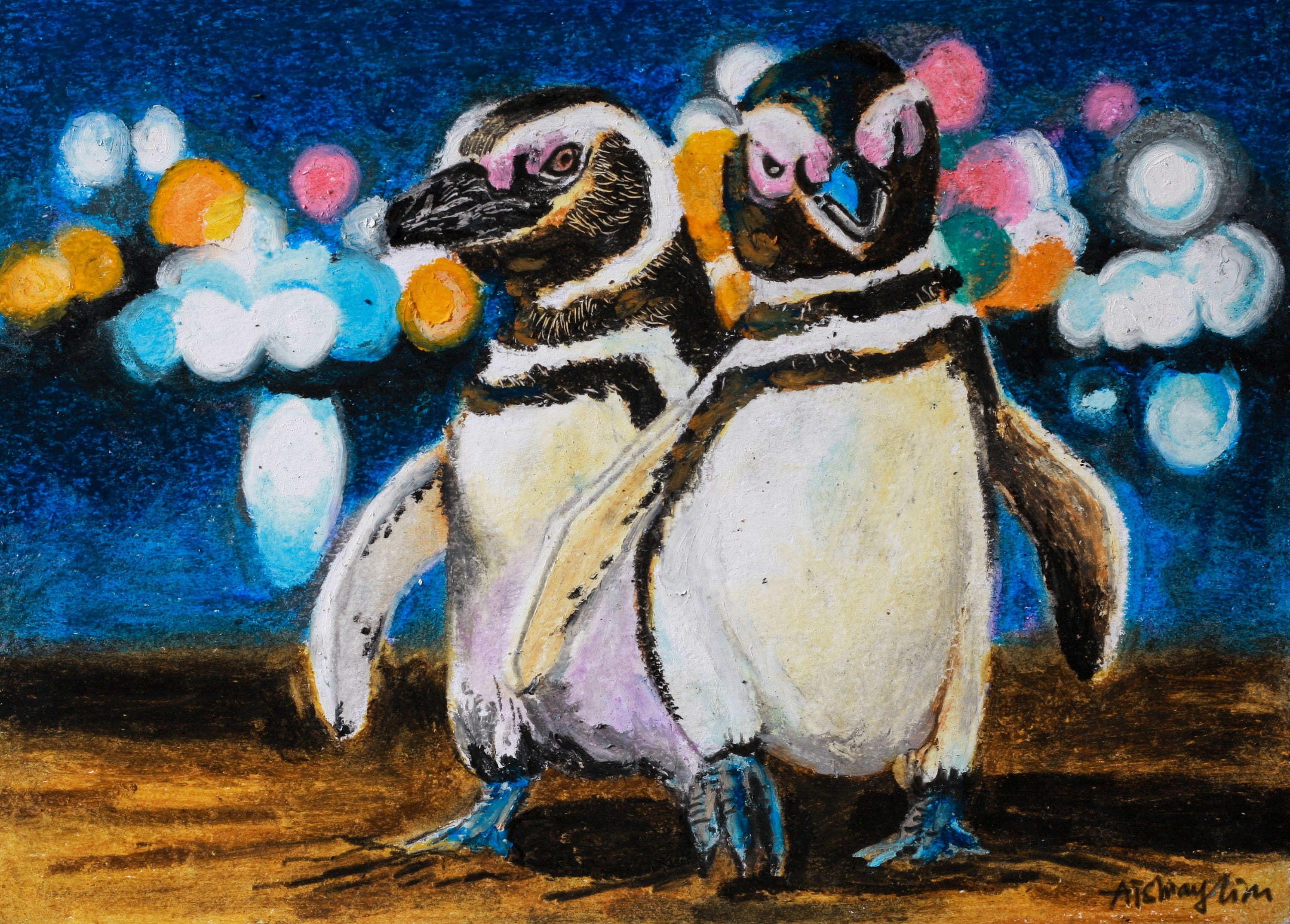 Original Oil Pastel Painting Two Little Penguins. Wildlife - Etsy