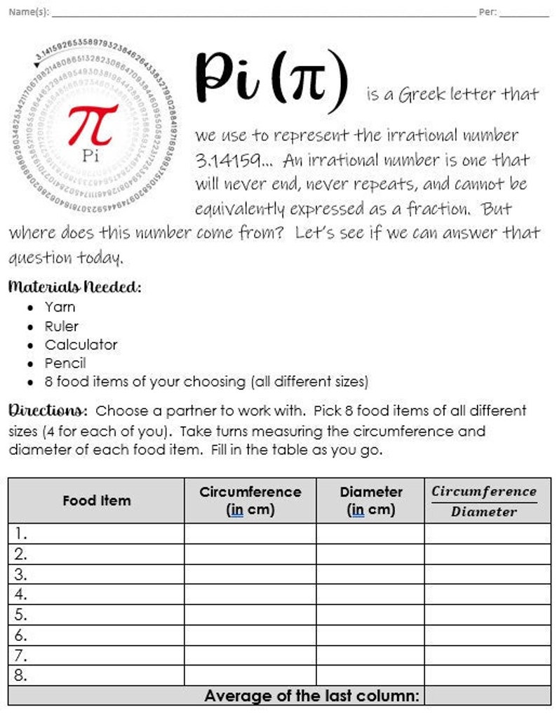 Pi Day Worksheet INSTANT DOWNLOAD for Math Geometry - Etsy