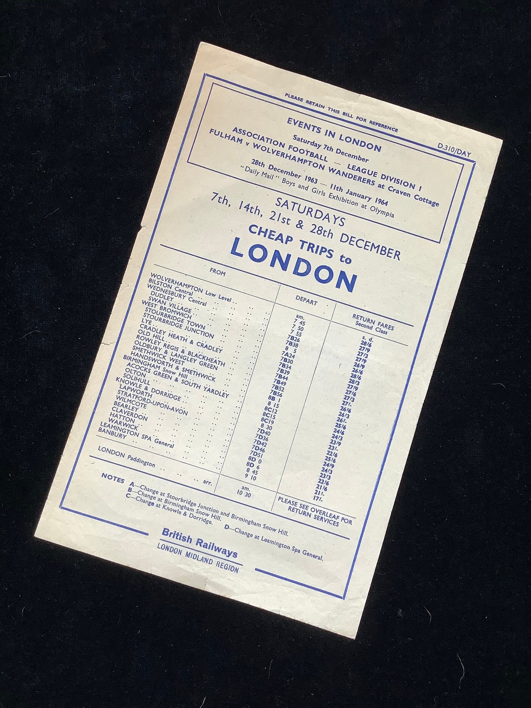 Original British Railways Handbill 1963 Football Fulham V Wolverhampton ...