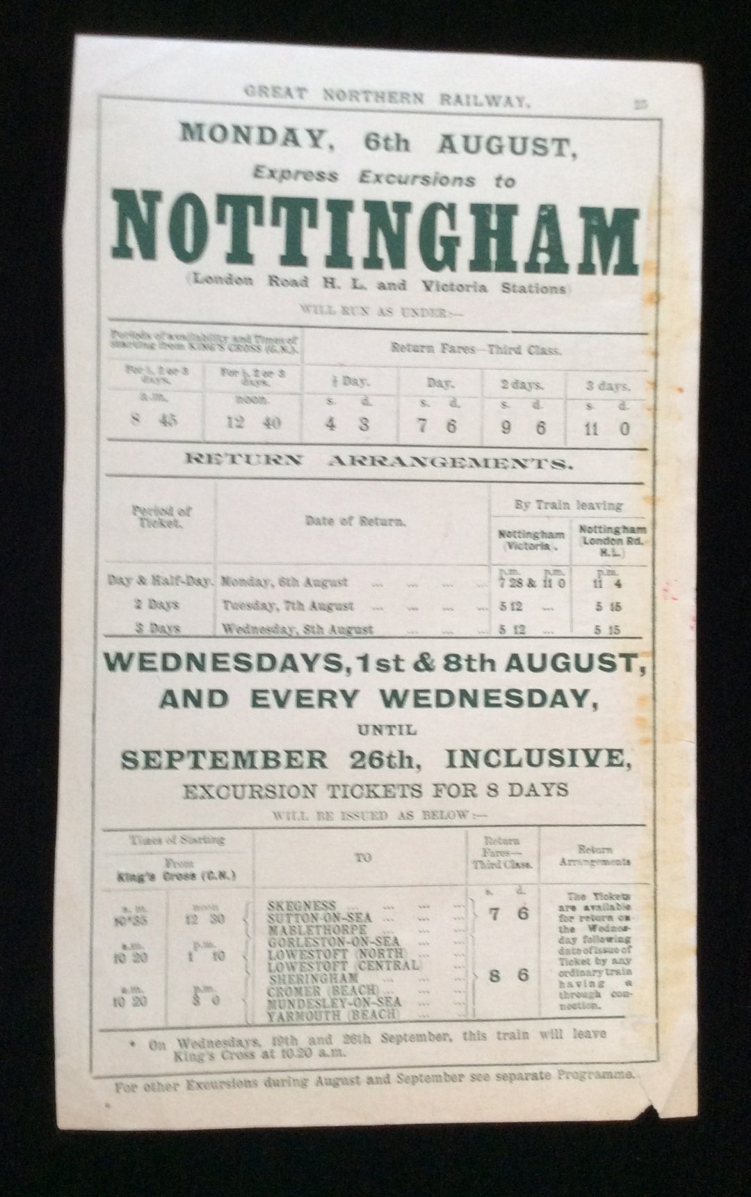 Original Great Northern Railway Handbill 1900s Nottingham Skegness ...