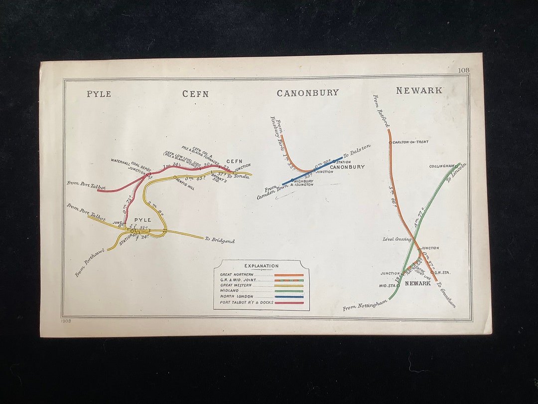 1909 Railway Map Pyle Cefn Canonbury Newark Junction Diagram Original ...