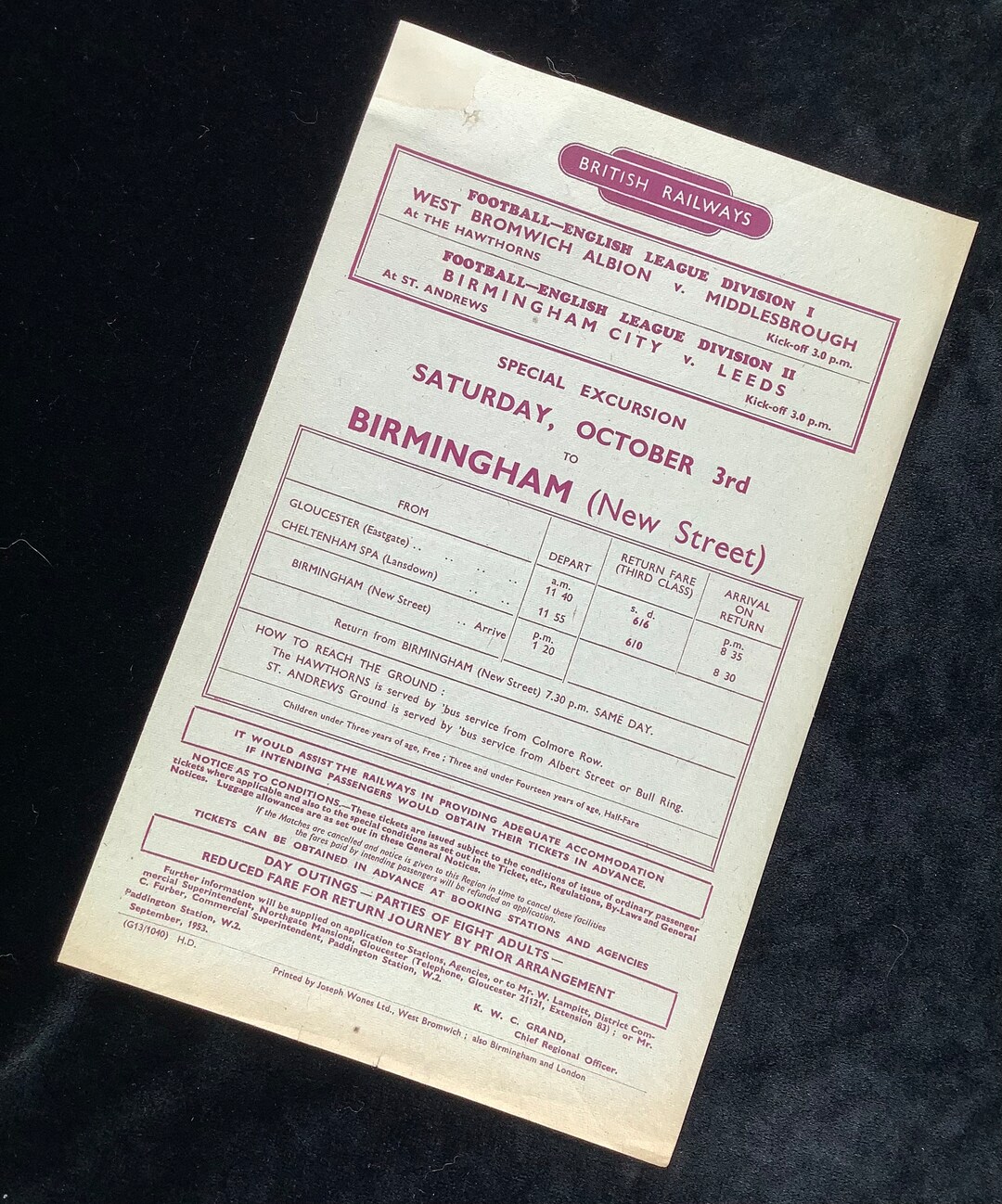 Original British Railways Handbill 1953 Football West Bromwich - Etsy