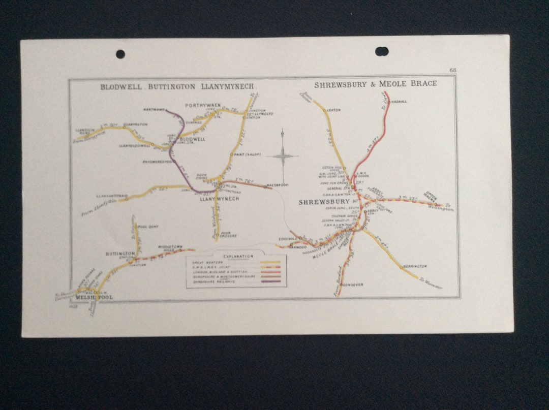 1928 Railway Map Llanymynech Blodwell Shrewsbury Meole Brace Junction ...