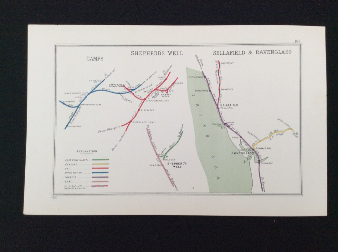 1920 Railway Map Camps Shepherds Well Sellafield Ravenglass Junction ...