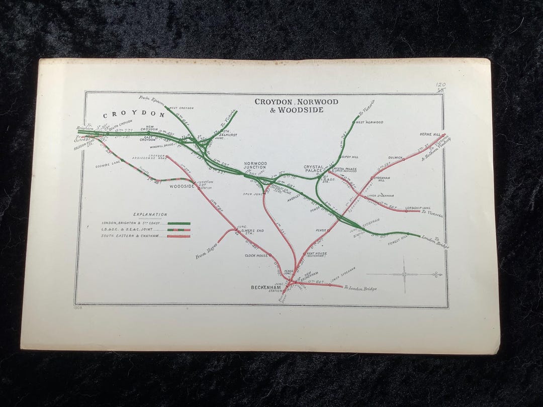 1908 Railway Map Croydon Norwood Woodside Beckenham Crystal Palace ...