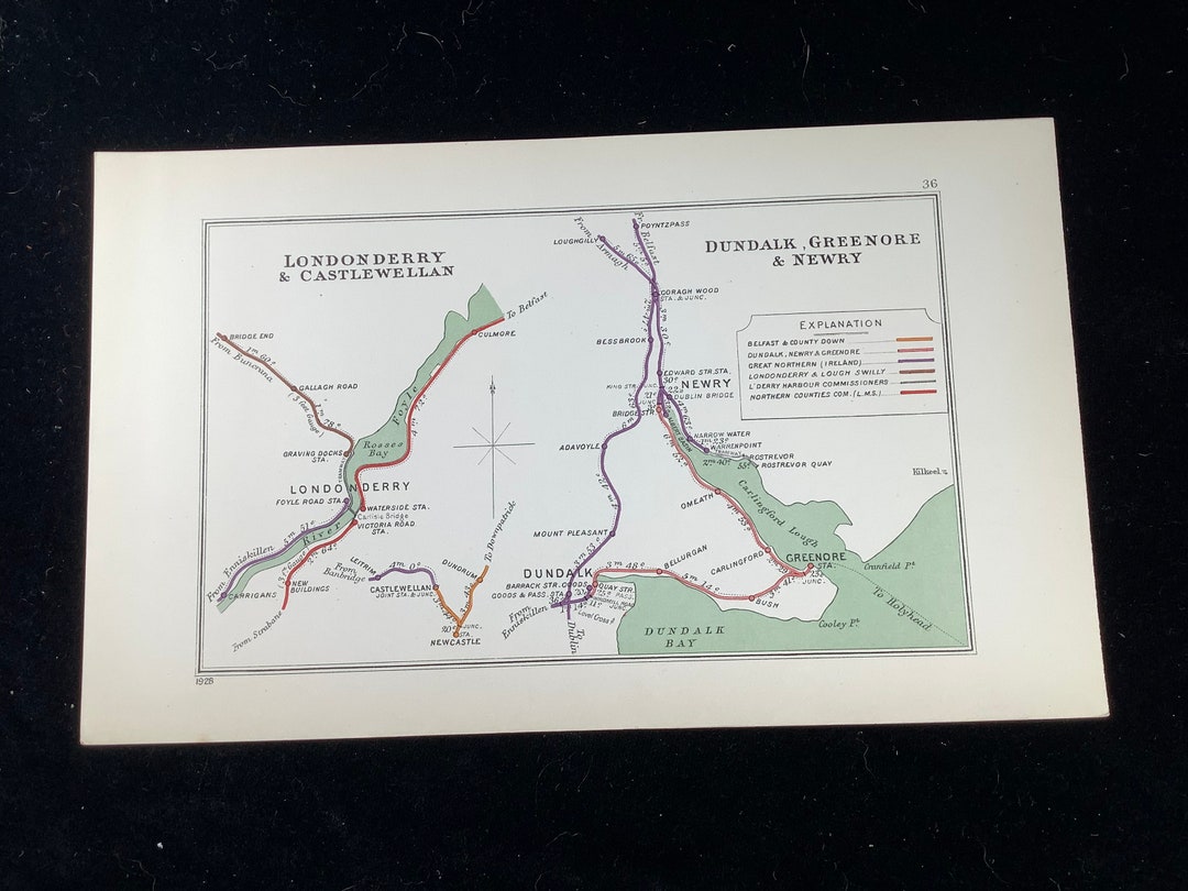 1928 Railway Map Londonderry Castlewellan Dundalk Greenore Newry ...