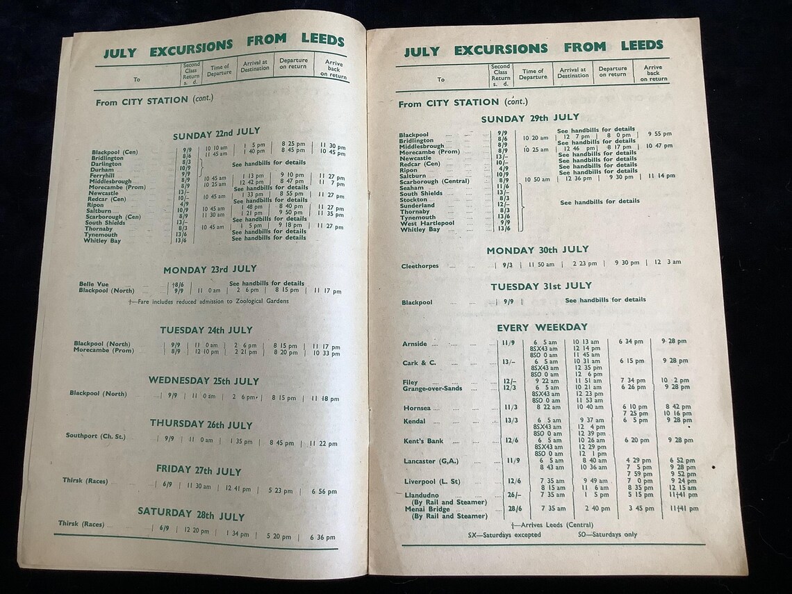 Original British Railways Handbill 1956 Excursions From Leeds - Etsy