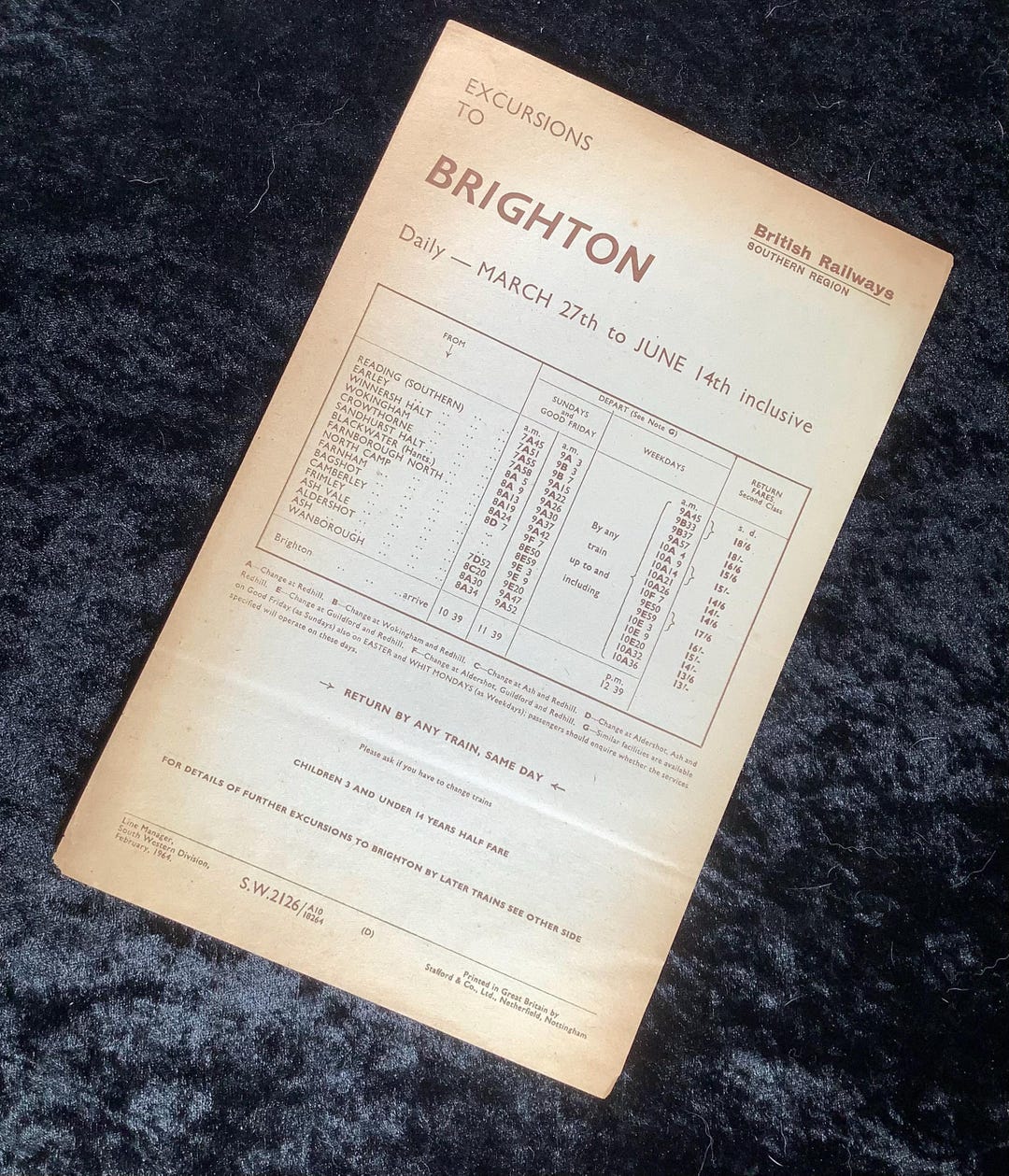 Original British Railways Handbill 1964 Brighton From Reading Earley ...
