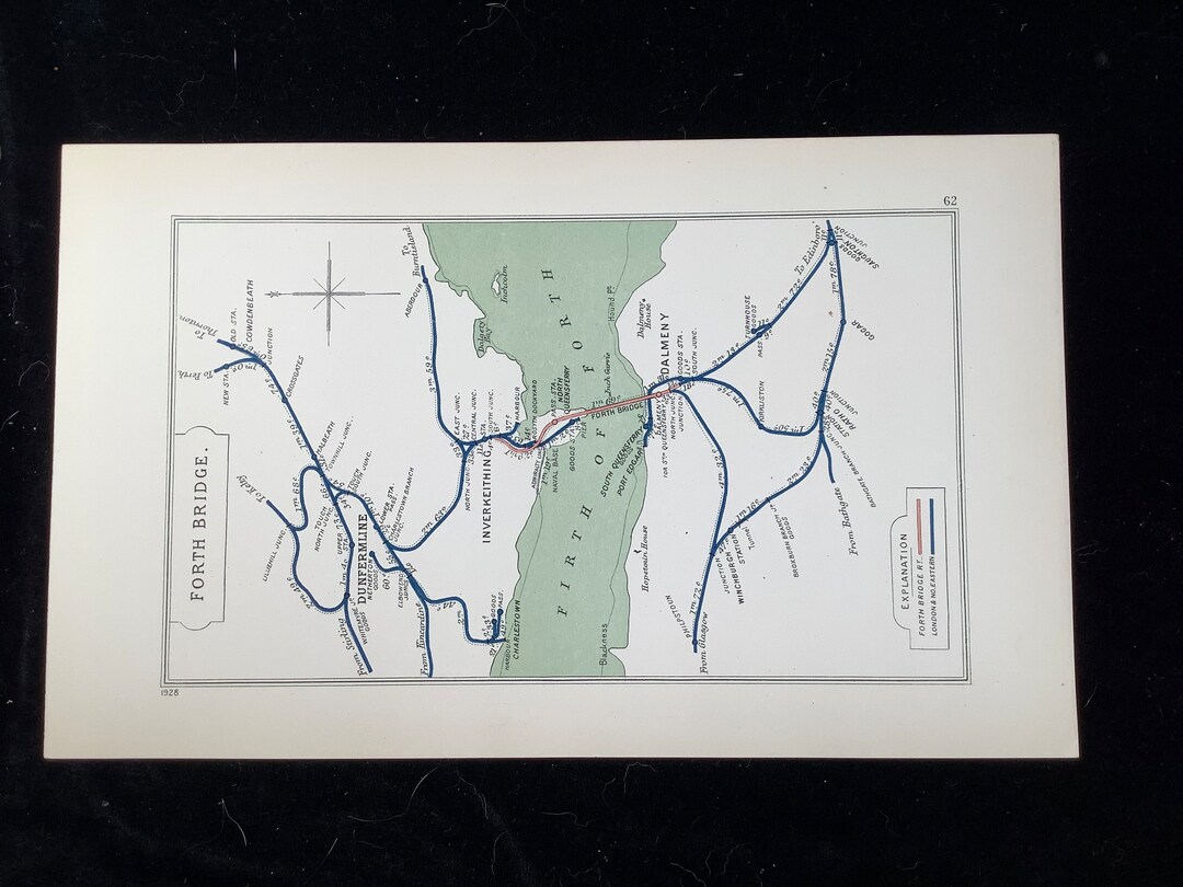 1928 Railway Map Forth Bridge Inverkeithing Dunfermline Dalmeny ...